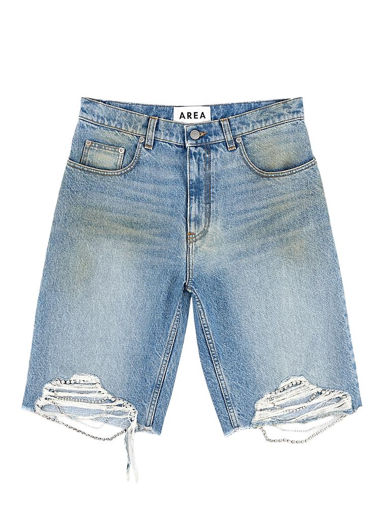 AREA Crystal Strands Frayed Denim Shorts